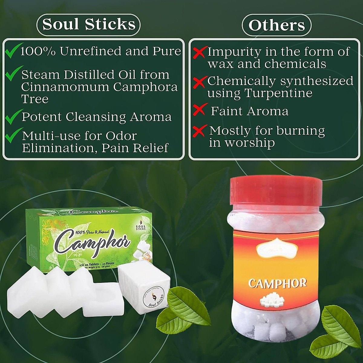 SOUL STICKS Natural Camphor Blocks (56 Grams, 12 Tablets) Pure Camphor Tablets for Aromatherapy & Puja - Alcanfor en Bloques, Alcanfor Tablets, Alcanfor en Bolitas, Kapoor for Pooja