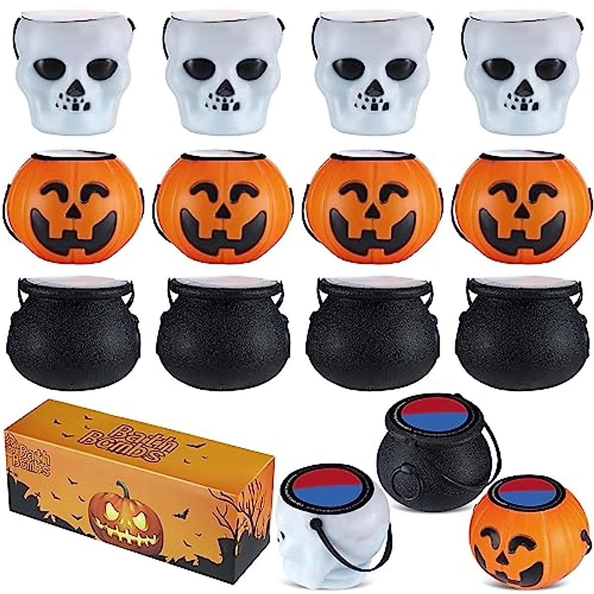 Tanlade 12 Pcs Halloween Bath Bombs Gift for Kids Set 5 oz Witches Brew Cauldrons Pumpkin Skull Bath Bombs Scary Gift Set Bath Bombs for Dry Skin Fizzies Spa Kit
