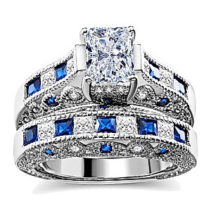 Ringcrown White Gold Plated Womens Wedding Ring Sets Cz Engagement Ring 2pcs Wedding Bands…