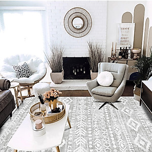 Lahome Boho Moroccan Area Rugs 5x7, Washable Grey Rugs for Bedroom Non-Slip, Low-Pile Soft Tribal Print Living Room Rug, Non-Shed Neutral Geometric Indoor Carpet for Office Playroom Dining Room