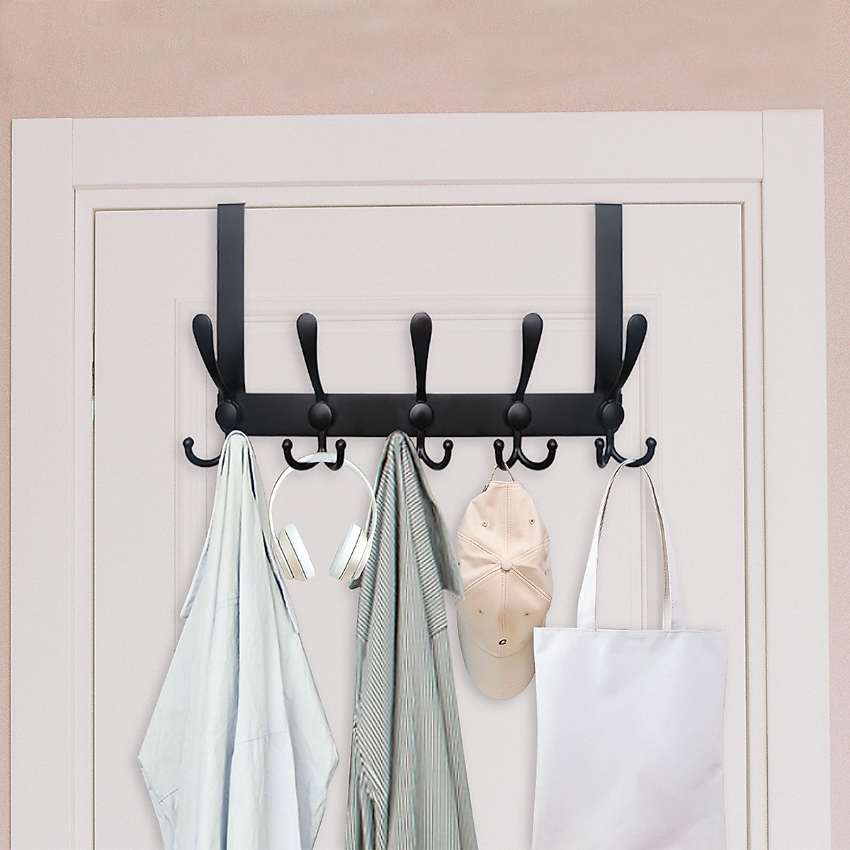 WEBI Over The Door Hook Door Hanger Hook Rack with 5 Tri Hooks for Hanging Coats, Door Towel Rack Towel Hanger Door Coat Hanger Over Door Coat Rack for Bathroom,Behind Back of Door,Black