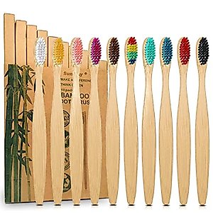 Sumshy 10 Color Soft Bristles Natural Bamboo Toothbrushes Set, Premium BPA Free for Best Clean, Eco-Friendly, Plastic-Free, Vegan, Biodegradable & Compostable Charcoal Wooden Toothbrush