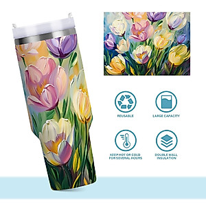 ALAZA Tulip Flower Floral Painting 40 oz Tumbler Stainless Steel Water Bottle Vacuum Insulated Cup with Straw Lid & Handle For Travel Car Cup Holder