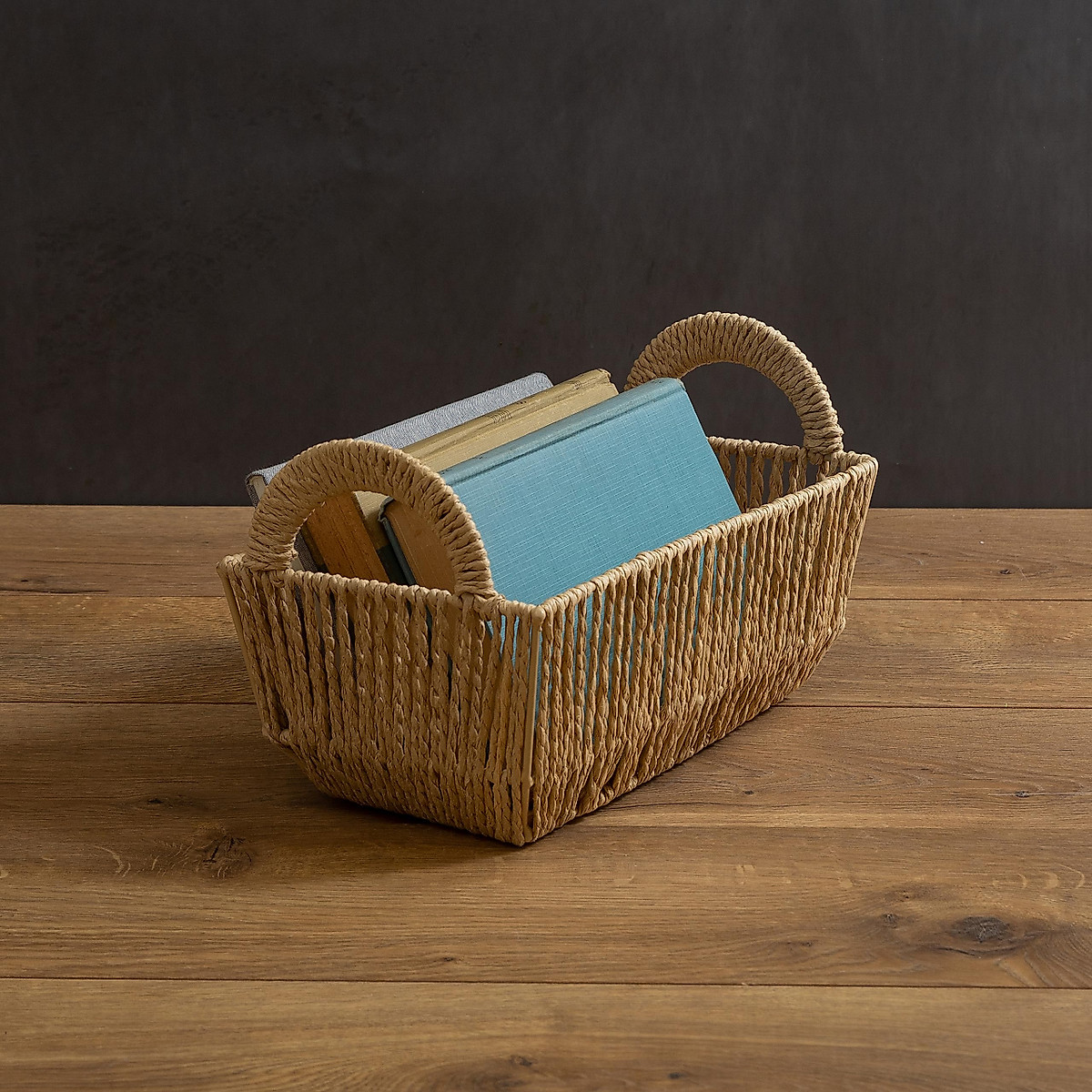 Simplify Small Shelf Storage Basket | Dimensions: 11.4"x 6.5"x4.5" | 2 Carry Handles | Vertical Weave Design | Paper Rope Material | Great for Living Spaces | Great For Storage and Display