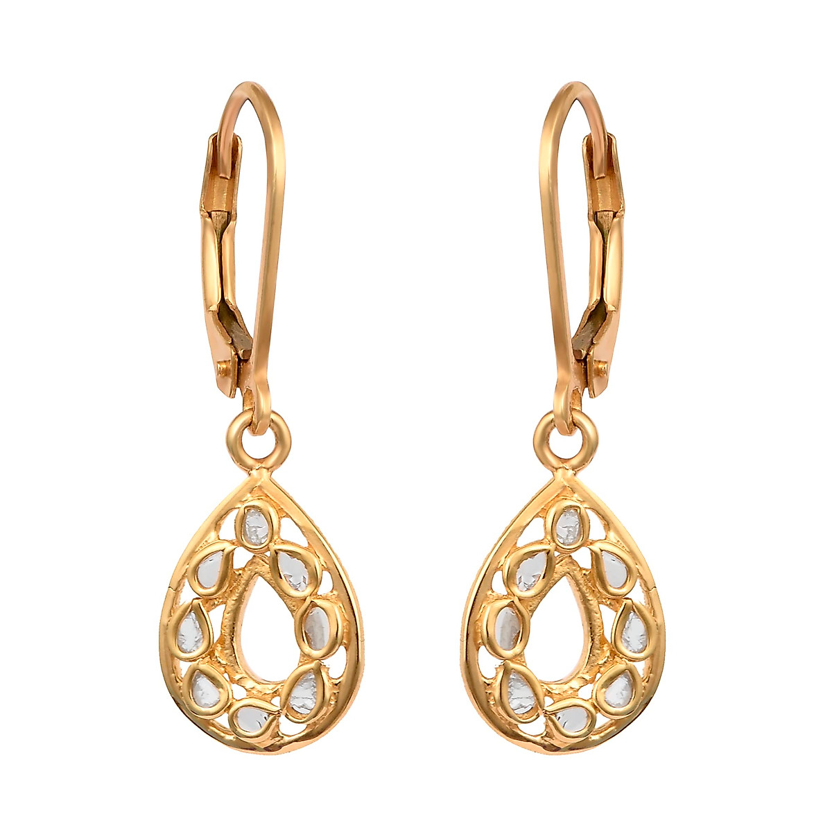 0.25 CTW Natural Polki Diamond Pear Shape Lever Back Earrings in Vermeil Yellow Gold Over Sterling Silver