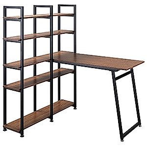 HOMCOM 5 Tier Versatile L-Shaped Computer Desk, Writing Table with Display Shelves and Metal Frame, Space-Saving for Study, Home Office, Walnut