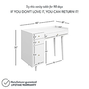 Nathan James Daisy Vanity Dressing Table or Makeup Desk with 4-Drawers and Brass Accent Knobs, White Wood