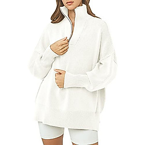 ANRABESS Women's Oversized Fashion Long Sleeve Quarter Zip Baggy Loose Slouchy Sweater Pullover Tops 2024 Fall Outfits White X-Small