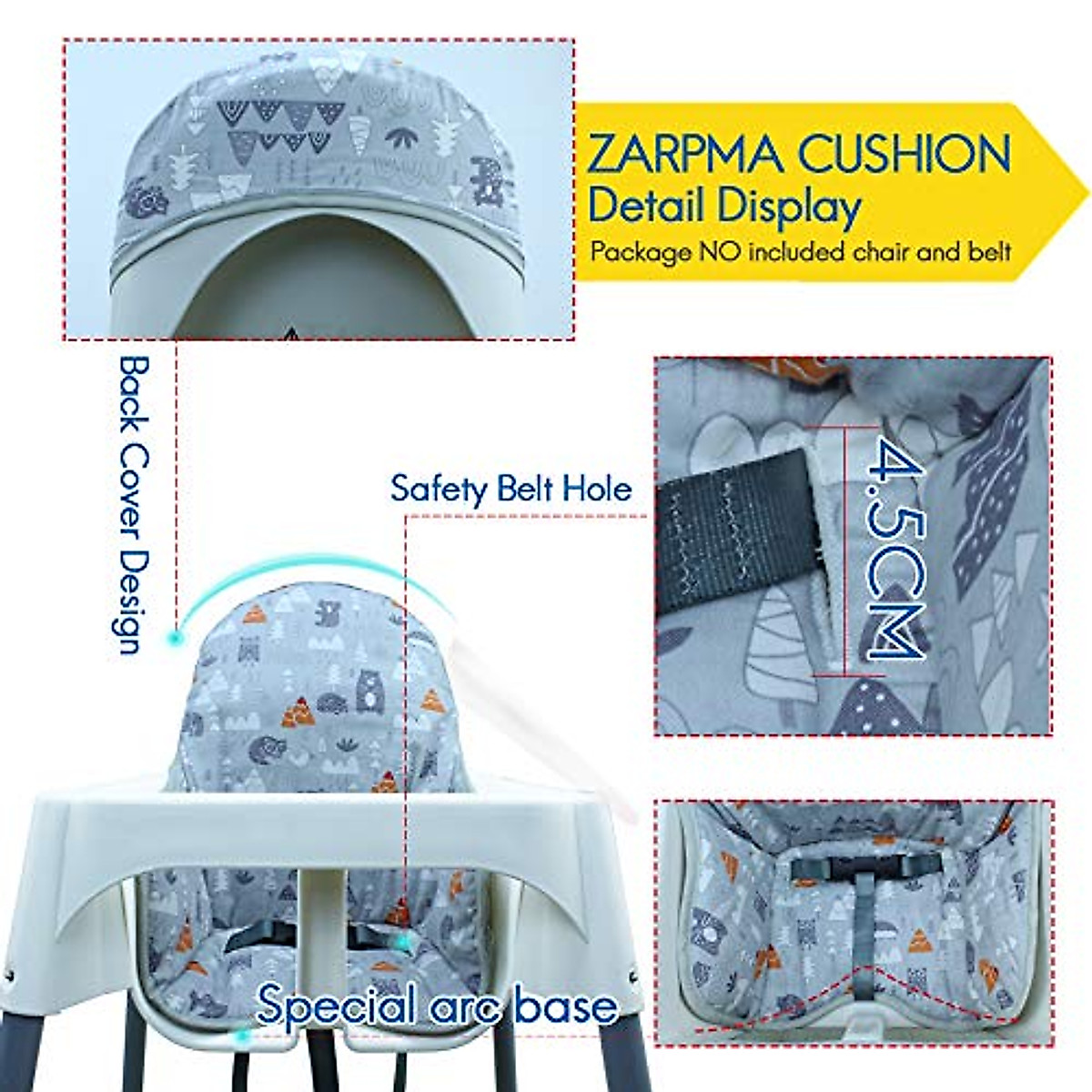 ZARPMA Cotton Seat Covers for IKEA Antilop Highchair,Cotton Surface and Cotton Padded,Forest Pattern Foldable Baby Highchair Cover for IKEA Child Chair Cushion (Grey Forest)