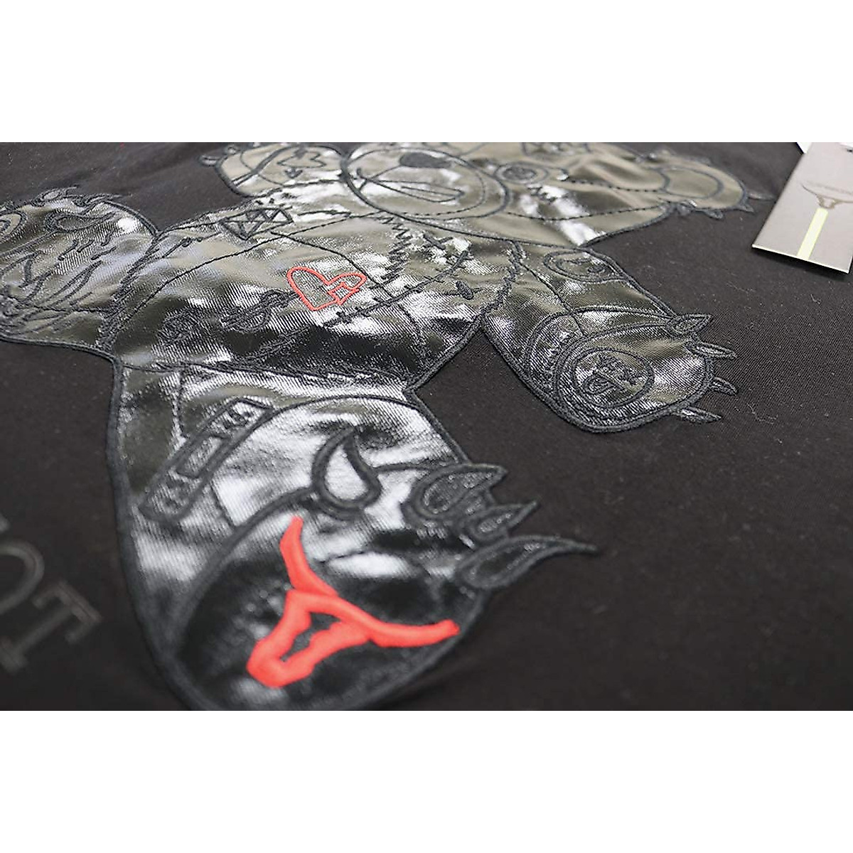 SCREENSHOT-S11113 Mens Hip-Hop Ultra Premium Quality Tee - Shiny Cartoon Teddy Bear Patch Embroidery Gel Print T-Shirt-Black/Black-Large