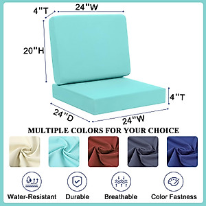 Topotdor Outdoor Deep Seat Cushion Set,Waterproof Outdoor Chair Cushions and Back Cushion for Patio Furniture with Fade Resistant Removable Cover with Adjustable Straps,24"x24"x4" Teal