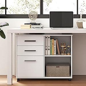 Giantex 3-Drawer File Cabinet for Office - Home Mobile Lateral Filing Cabinet with Hanging Bars, Open Storage Shelves, 5 Universal Wheels, Printer Stand for Letter Size Storage Cabinet (White)