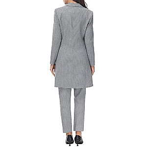 MODFUL Women's 2 Piece Long Blazer with Pants Set Small Plaid Elegant Suit Set for Casual Business Office(Grey,Medium)