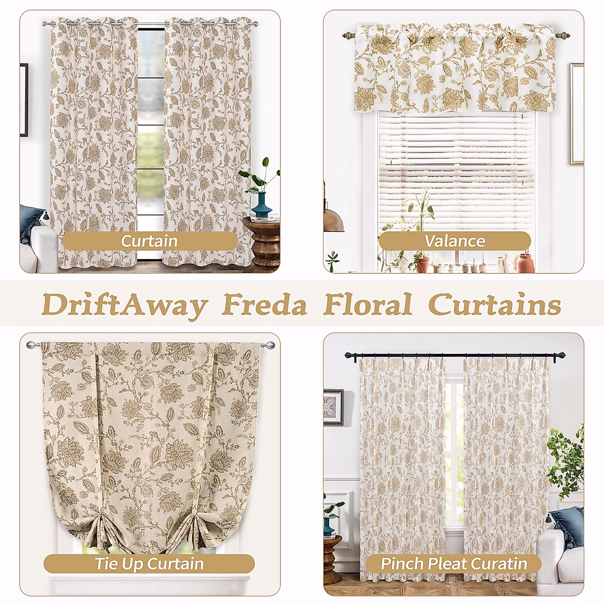 DriftAway Freda Floral Linen Blend Blackout Thermal Insulated Energy Saving Window Linen Curtain Valance Rod Pocket 2 Layers 2 Pack Each 52 Inch by 18 Inch Plus 2 Inch Header Sand