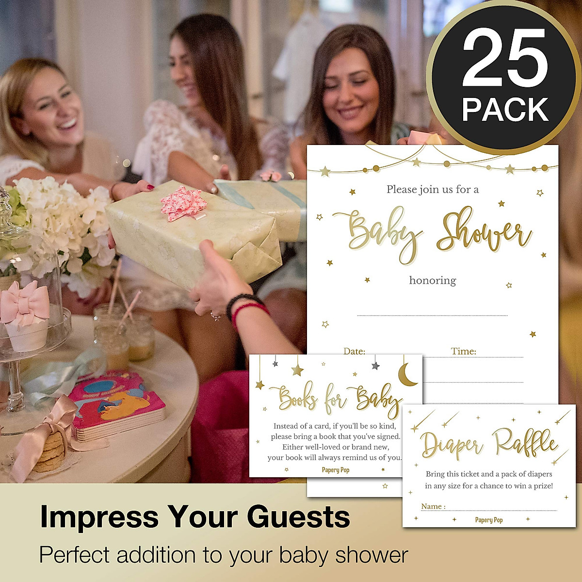 Set of 25 Baby Shower Invitations with Envelopes, Diaper Raffle Tickets and Baby Shower Book Request Cards - Night Stars