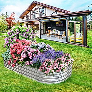 CHALAIR Outdoor Galvanized DIY Raised Garden Bed Kits, Sturdy and Durable, Oval Design Provides Sufficient Space for Planting Vegetables and Other Plants.