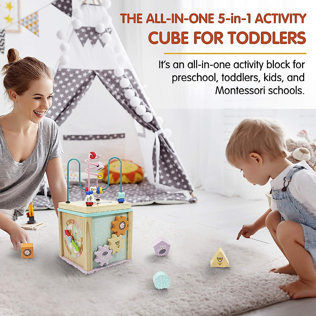 Leo & Friends Alice Activity Cube - Wooden Activity Cube for Babies - Preschool Shape Sorter and Maze Toy for Toddler - Educational Montessori Toy for Boys and Girls of Ages 18month+