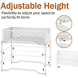2 Pack Stackable 2-Tier Metal Under Sink Cabinet Organizer with Sliding Storage Drawers with Hooks and LED Strip Lights,White