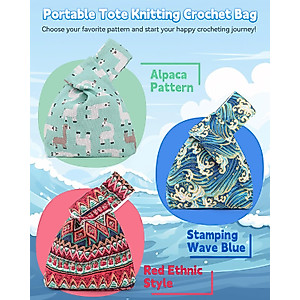 Coopay Knitting Bags and Totes for Women, Yarn Bags for Crocheting On The Go, Crochet Travel Bag for Crochet Supplies, Yarn Storage Bag Crochet Project Bags - Stamped Wave Blue