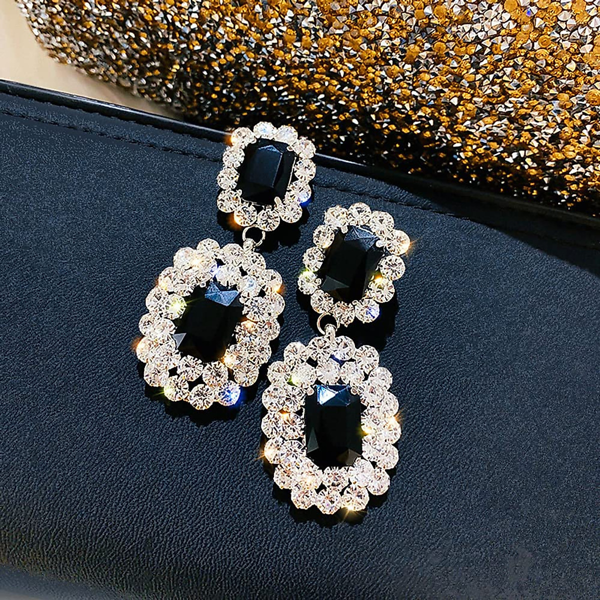Asphire Vintage Geometric Rhinestone Drop Dangle Earrings Black Gemstone Earrings Elegant Long Statement Earrings for Women Wedding Prom Ball Jewelry (Gold)