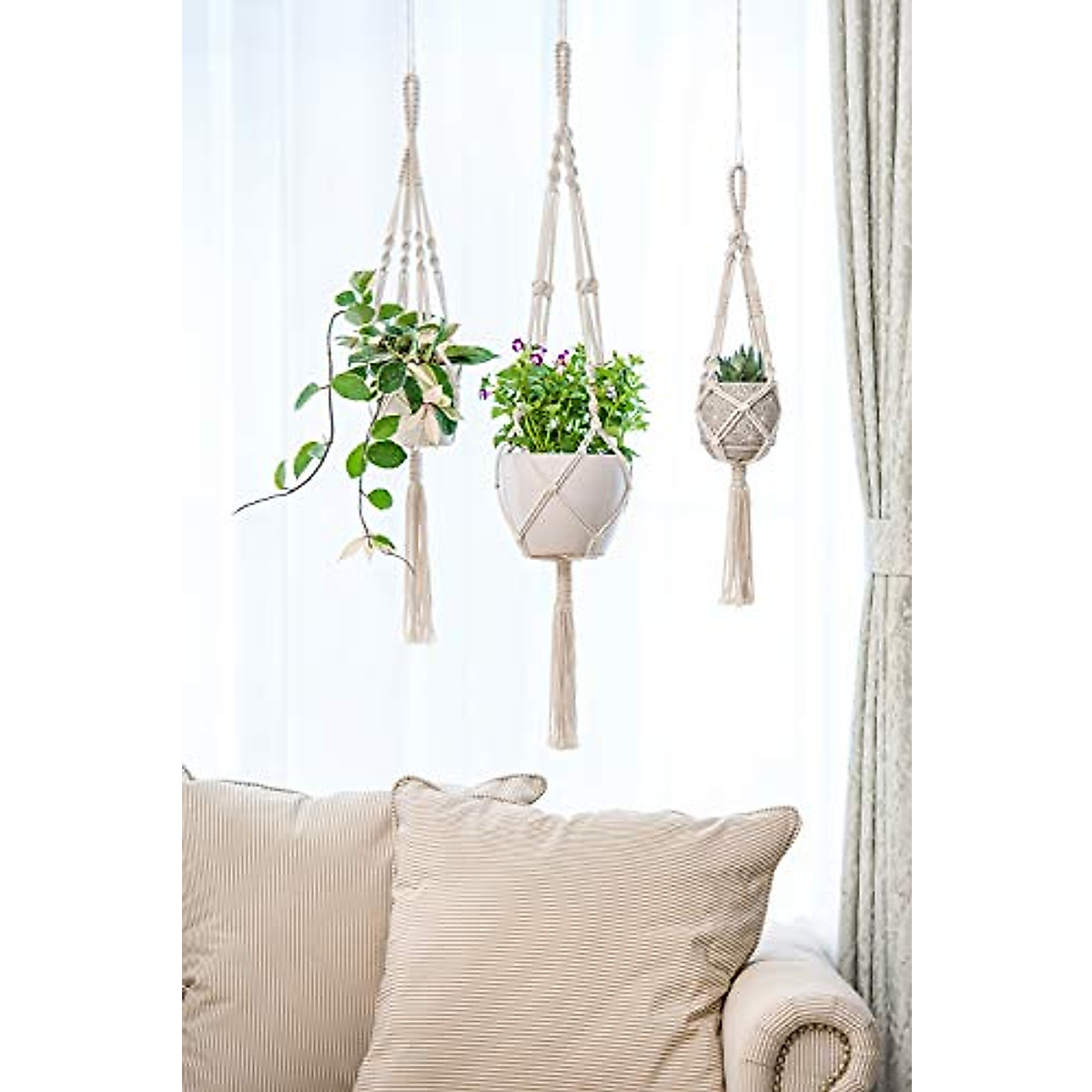Mkono Macrame Plant Hanger Indoor Outdoor Hanging Planter Basket Cotton Rope 4 Legs 41 Inch