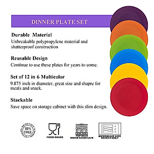 KOXIN-KARLU Plastic Plates, 10-inch Dinner Plates Reusable Plates Picnic Plates, set of 12 Multicolor