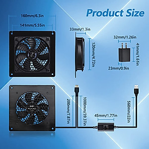 SCCCF USB cabinet 120MM fan Quiet Cooling Fan System 6" with Speed Control, for Home Theater AV Cabinets