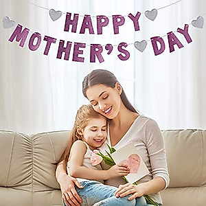 FEPITO 3Pcs Happy Mother's Day Banner Garland Glitter Mother’s Day Decorations Best Mom Ever Decorations Best from Daughter and Son