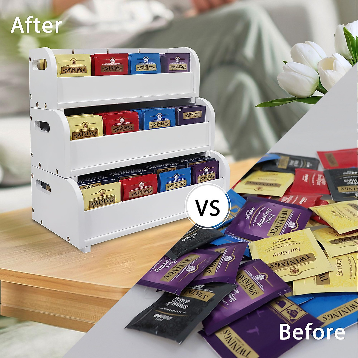 Tea Bag Storage Organizer Box - Bamboo Tea bags Holder 3-Tier Stackable Wall Mount Large Capacity Tea Caddy Containers for Pantry Countertop Kitchen Counter Cabinet Office (White)