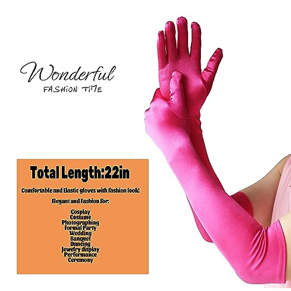 WINROLA Long Opera Party 20s Satin Gloves Stretchy Adult Size Elbow Length Wedding Bridal Gloves Halloween Party Opera Costume (Hot pink, 21.6")