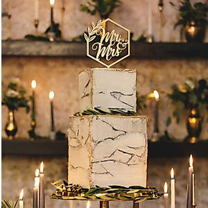 Happyplywood Wedding Cake Toppers Mr and Mrs Hexagon Cake Topper for wedding Bride and Groom Wooden party decorations Geometric Wood Wreath Rustic Boho Party Present for Couple (Unpainted)