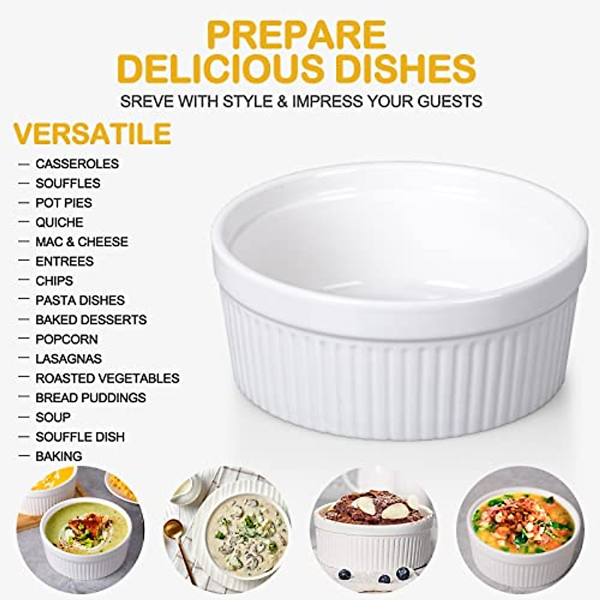 Delling Large Ramekins 32 Oz Oven Safe/Soup Bowls, 1 Quart Serving Bowls Ceramic Round for Baking, Salad, Pasta, Creme Brulee, Souffle Dish, Pot Pie