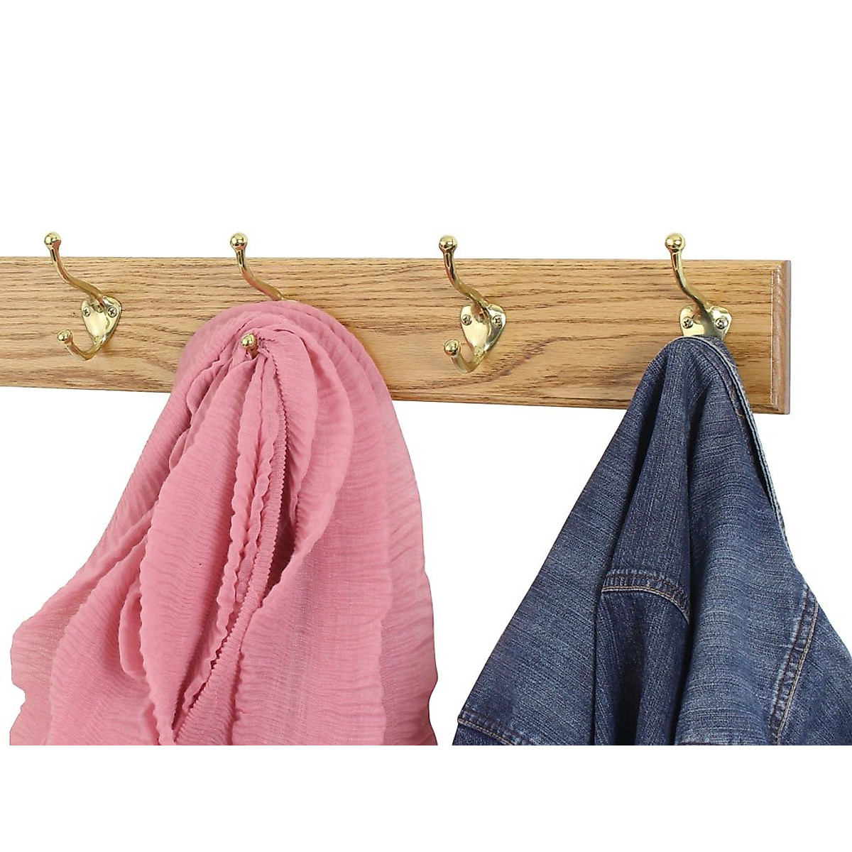 PegandRail Solid Oak Wall Mounted Coat Rack with Solid Brass Hat and Coat Style Coat Hooks - Made in the USA (Golden Oak, 3.5" x 20" with 4 hooks)