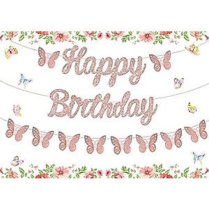 Butterfly Happy Birthday Banner Garland Rose Gold for Girls Butterfly Birthday Party, Fairy Garden Birthday Party Decoration Supplies Butterfly Hanging Garland