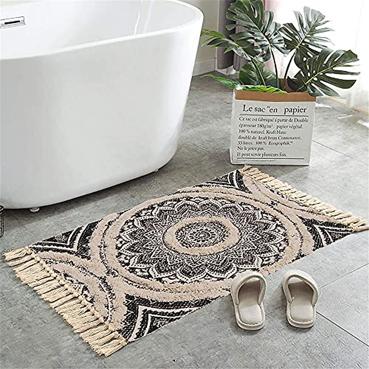 Seavish Tufted Cotton Rug, 2X3 Black Mandala Boho Rug, Hand Woven Bohemian Throw Rugs, Shag Accent Fringe Tassel Rug for Bedroom Bedside Kitchen, Laundry Room Rug