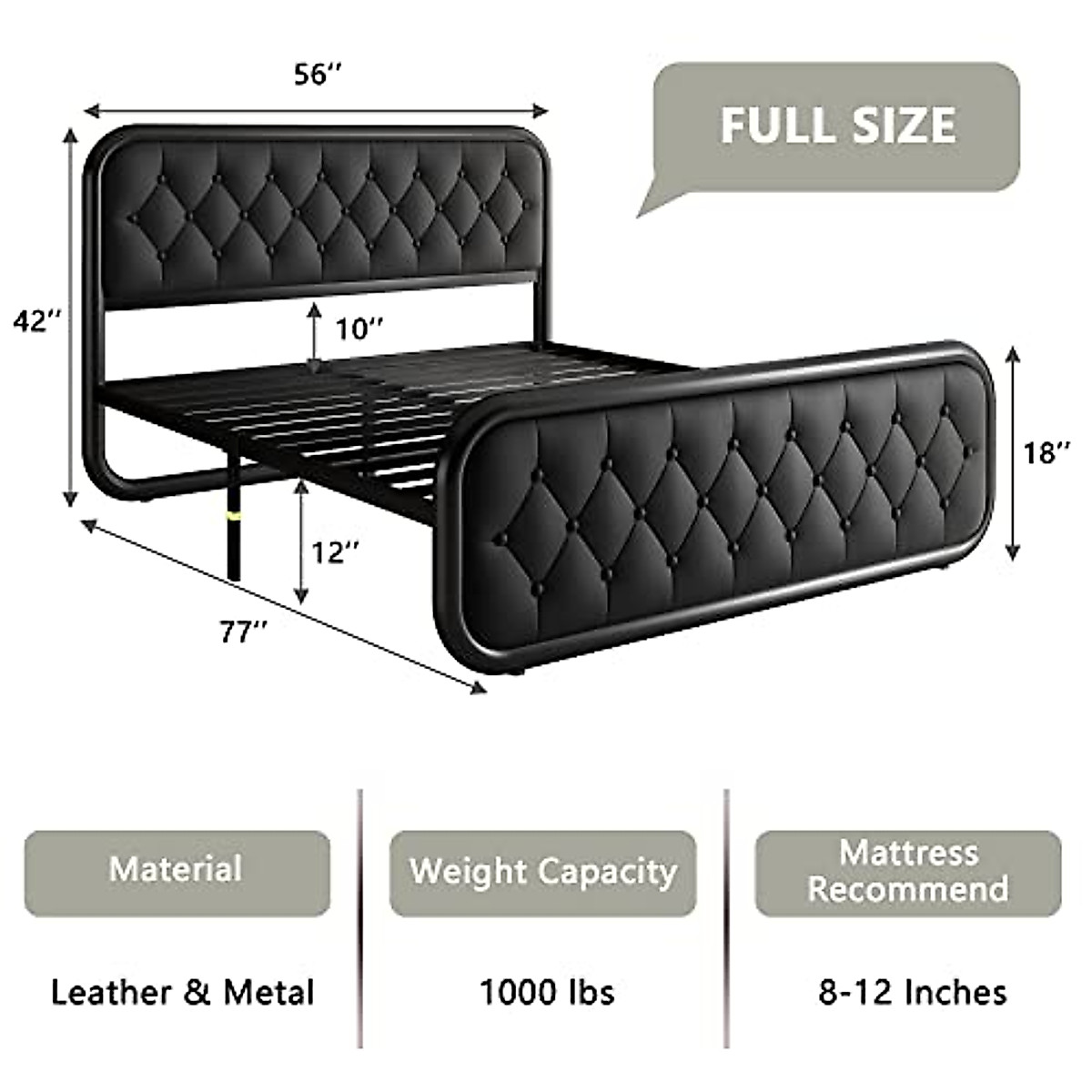 Feonase Full Size Curved Metal Platform Bed Frame with Faux Leather Headboard, Heavy Duty Bed Frame with Rhombus Button Tufted Footboard, 1000 lbs Weight Capacity, Noise-Free, Easy Assembly, Black