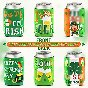 12 Pcs St. Patrick's Day Can Koozies Coolers Sleeves Party Favors Supplies Saint Paddy's Day Irish Shamrock Green Beer Neoprene Can Sleeves Gifts for Soda Beer Beverage