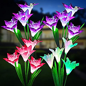 KOOPER Outdoor Solar Lights, 4 Pack Solar Garden Lights with Bigger Lily Flowers, Waterproof 7 Color Changing Outdoor Lights - Bigger Solar Panel for Outdoor Patio Yard Garden Decoration