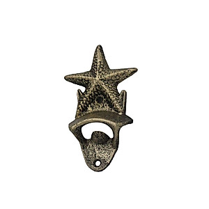 Hampton Nautical Rustic Gold Cast Iron Wall Mounted Starfish Bottle Opener 6" - Starfish Decoration - Starfish Wall Decor