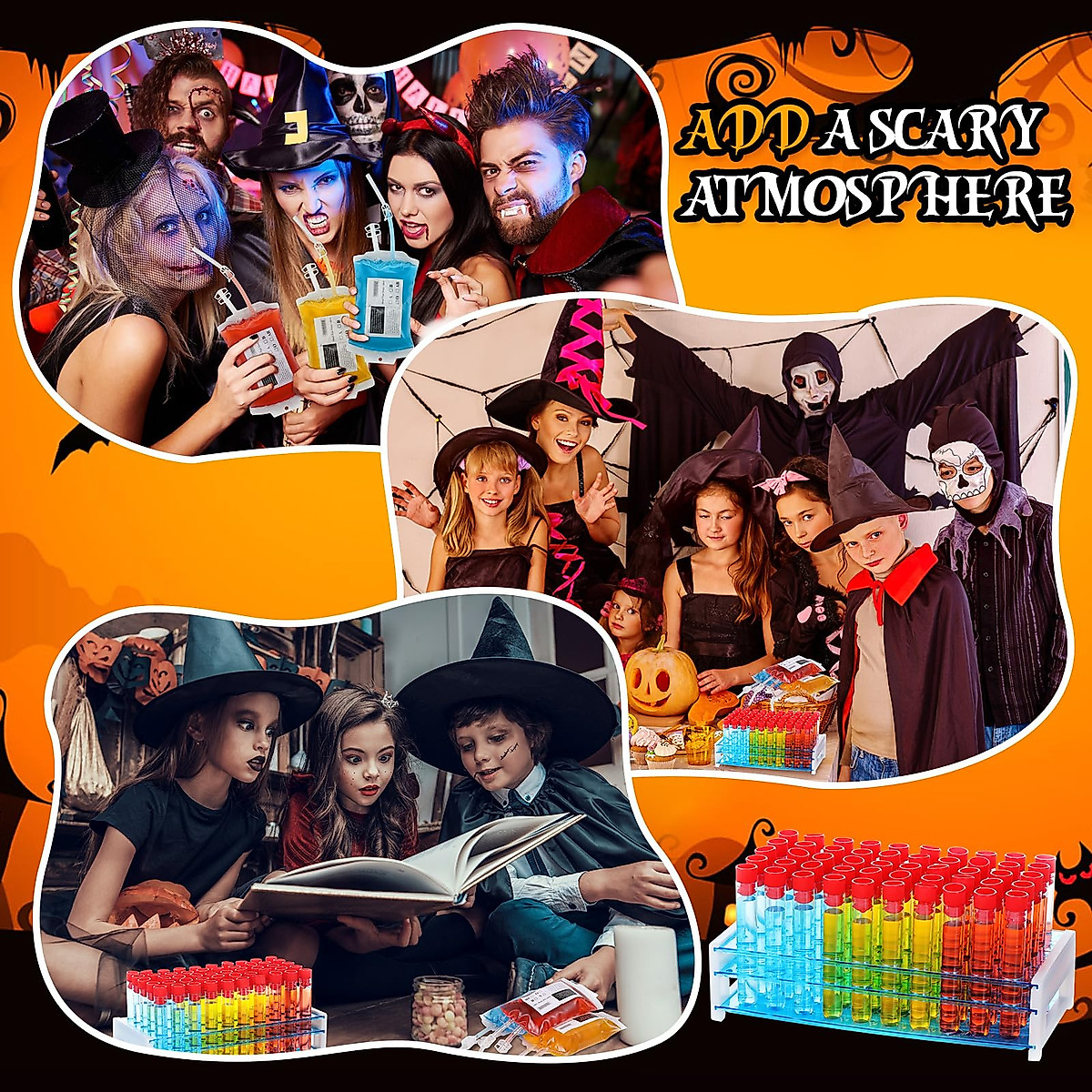 Xuhal Halloween Blood Drink Bags Sets Includes 50pcs 16x100mm Plastic Test Tube with Caps and Holder 50pcs 2oz Jelly Syringes Shot 10pcs Blood Drink Pouches with 10 label and Clip for Nurse Party