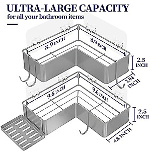 Kitsure Corner Shower Caddy - 2 Pack Rustproof Shower Organizer, Durable Shower Shelves with Large Capacity, Drill-Free Adhesive Shower Rack with 4 Movable Hooks, a Soap Holder, Silver