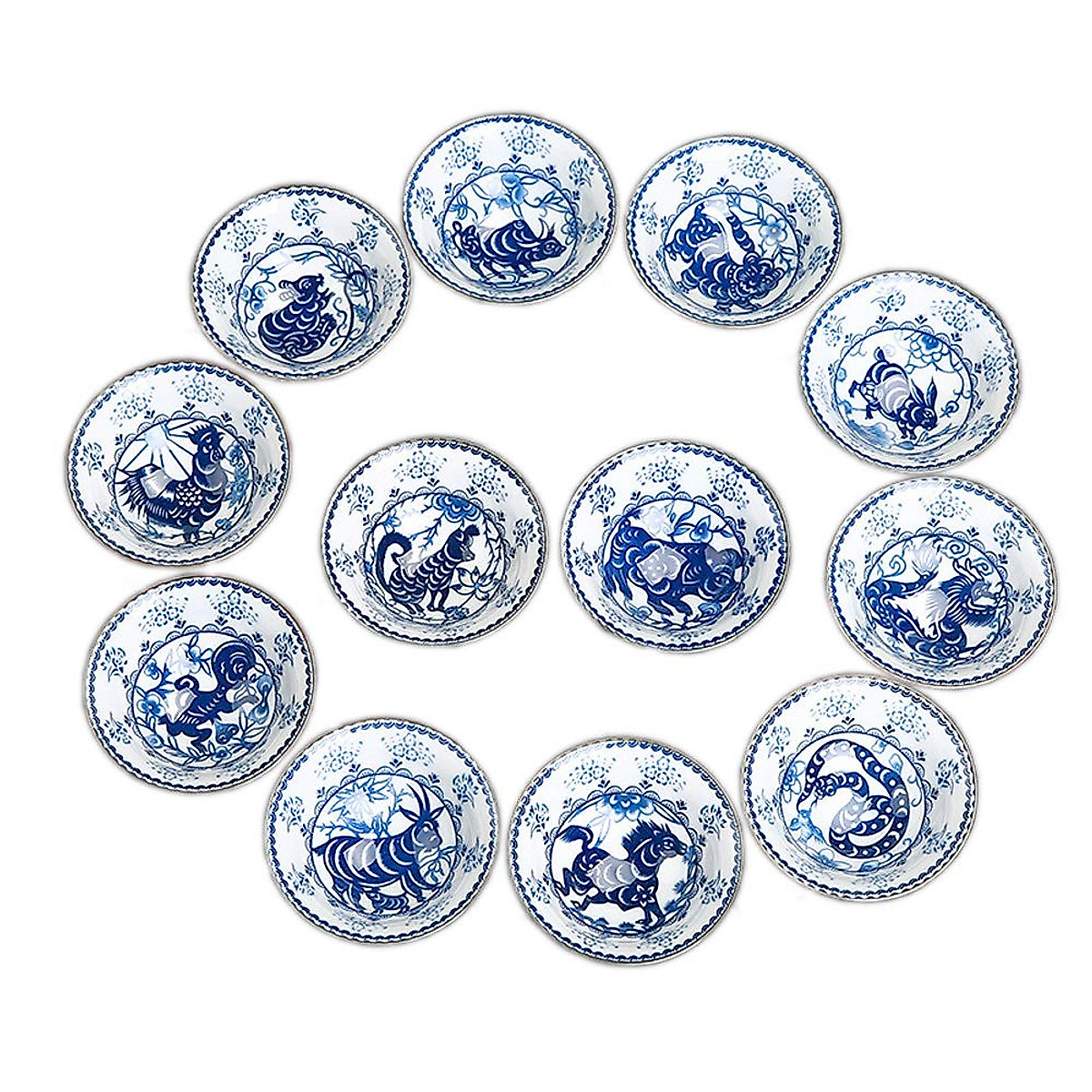Woonsoon Set of 12 Chinese Zodiac Signs Handmade Kungfu Tea Cup 2.8 oz/80 ml,Bone China Blue and White Tea Cups,Ceramic Tea Mugs Without Handles
