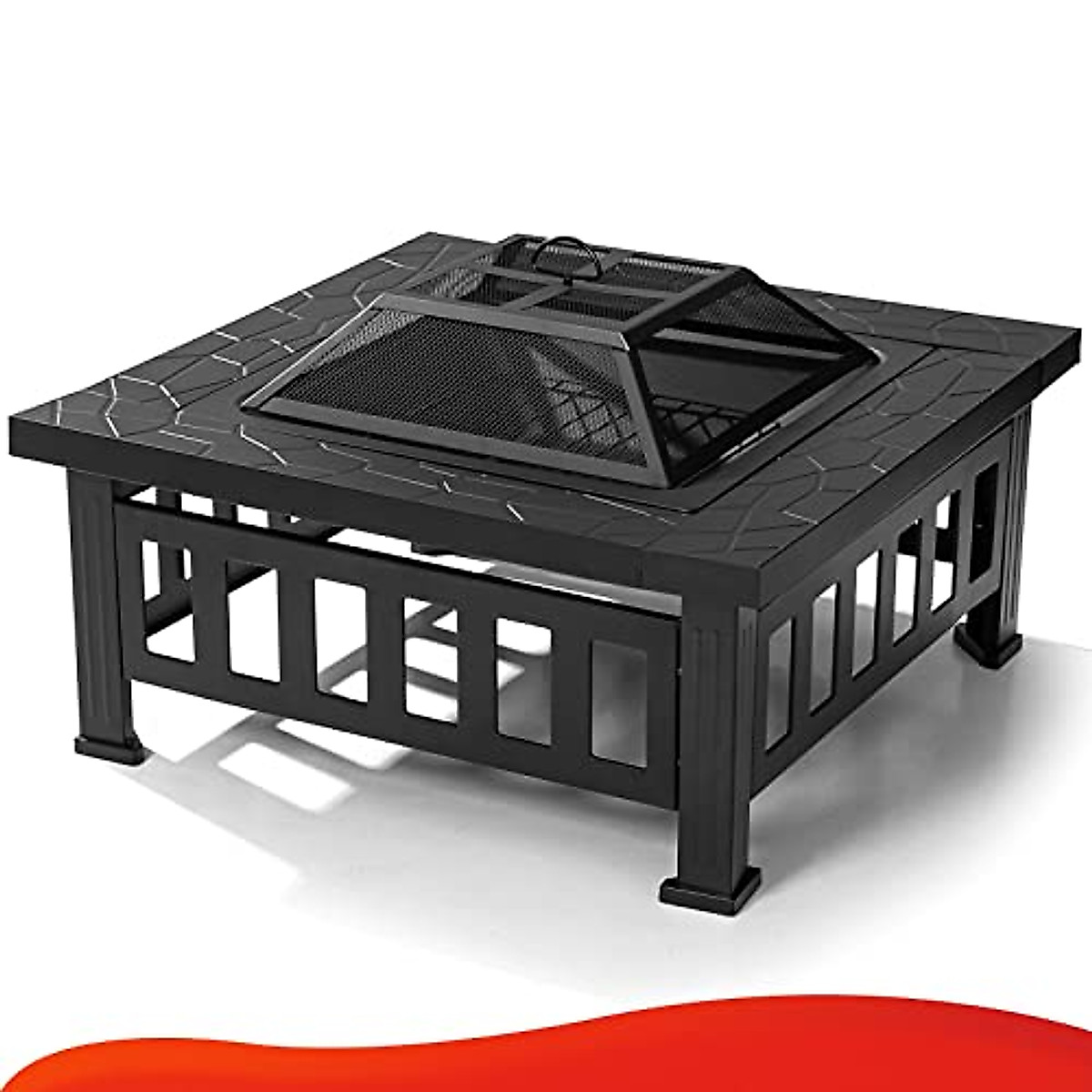 SINGLYFIRE 32 Inch Fire Pit Table for Outside Square Metal Firepit Outdoor Wood Burning Large Steel Bonfire Pit for Patio Backyard Garden with Waterproof Cover,Spark Screen,Log Grate,Poker