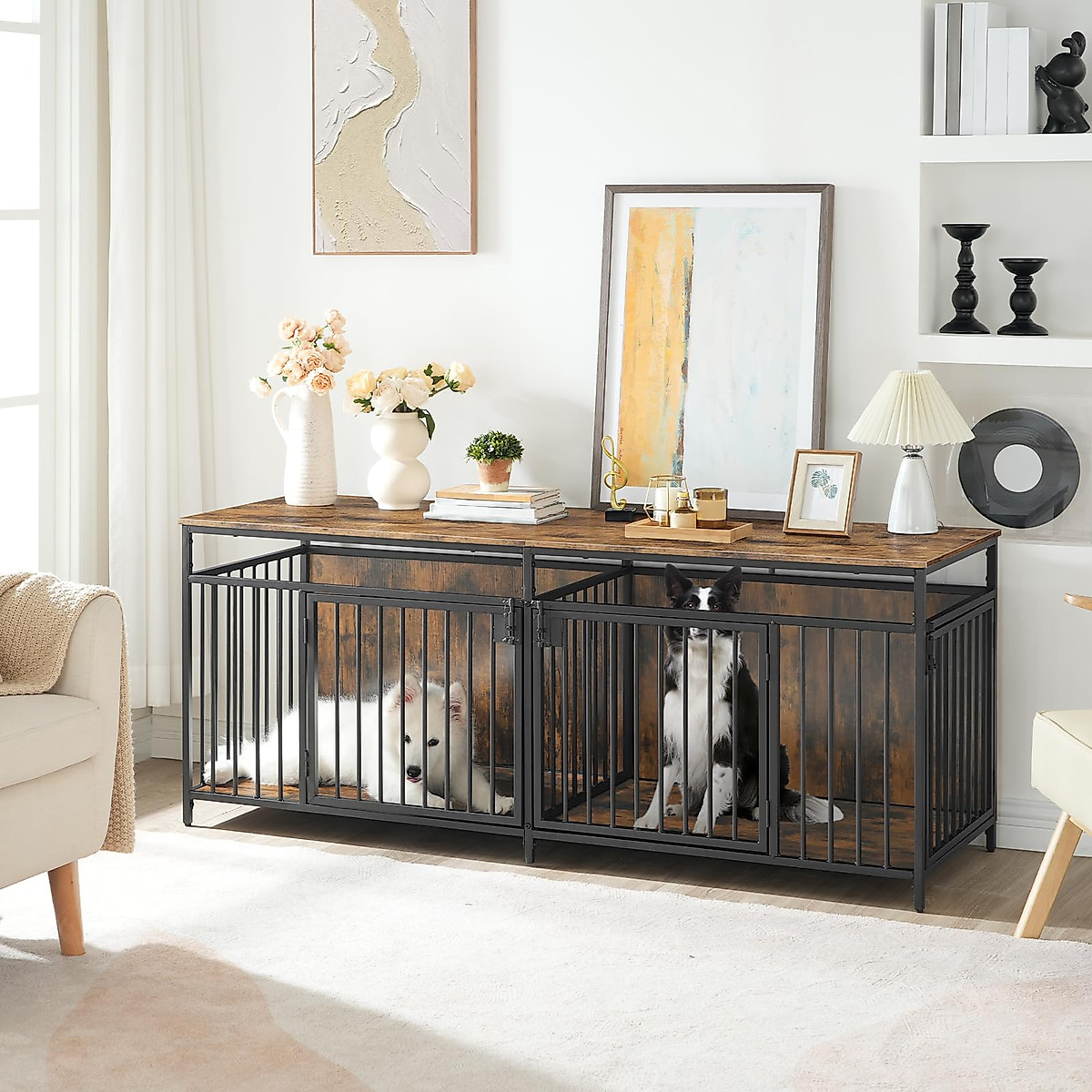 HOOBRO Dog Crate Furniture, 62.9" Dog Kennel Indoor End Table with Removable Divider, Three Doors Wooden Cage for Large/Medium/Small Dog, Heavy-Duty Chew-Resistant, Rustic Brown and Black BF160GW03