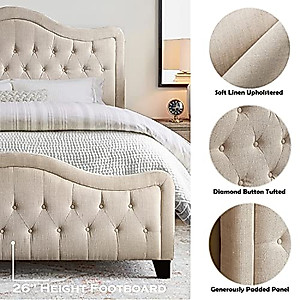 Rosevera Turin Linen Upholstered Panel Bed with Ajustable Button-Tufted Headboard for Bedroom, King, Natural Beige