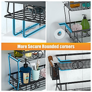 FOYKUED Over The Toilet Storage Shelf, 2-Tier No Drilling Small Bathroom Shelves Over Toilet with Storage Basket/Paper Holder/Hooks (Cast Iron, Matte, Black, 1 Pc)