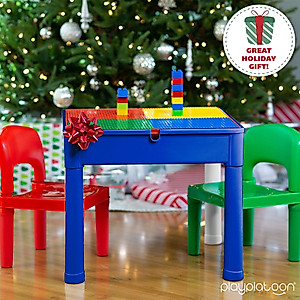 Play Platoon 5 in 1 Kids Activity Table and Chair Set- Stem Table for Toddlers with Water Table, Building Block Table, Craft & Sensory Table for Toddlers with 2 Chairs & 25 XL Blocks Yellow Red Green
