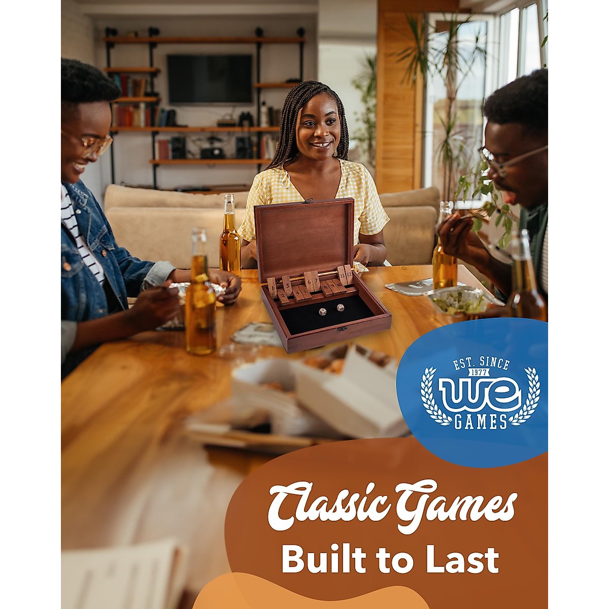 WE Games Shut The Box Game with 12 Numbers in an Old World Styled Wood Box with a Lid and a Brass Latch