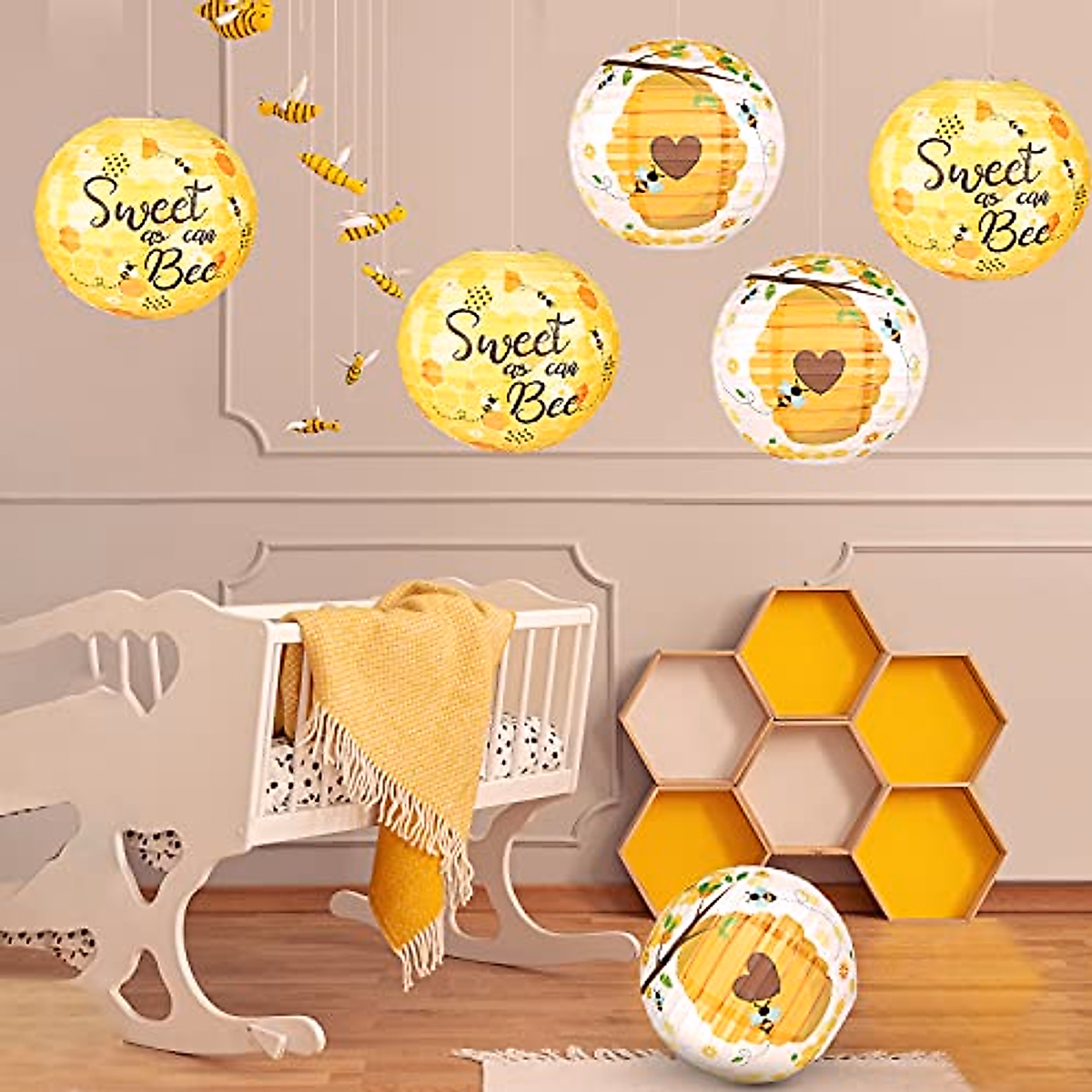 6 Pieces Bumble Honey Bee Paper Lanterns Party Hanging Decoration Sweet as Can Bee Decorative Honeycomb Round Lanterns for Bee Themed Baby Shower Birthday Gender Reveal Bridal Shower Party Supplies