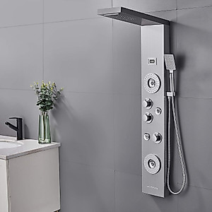 ROVOGO LED Shower Panel Tower System with Rainfall Waterfall Shower Head, 2 Body Jets, 4 Mist Spray, Tub Spout and Handheld, Shower Column with Temp Display, Black
